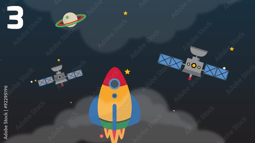 Cartoon count down animation introduction for children. A rocket space ...