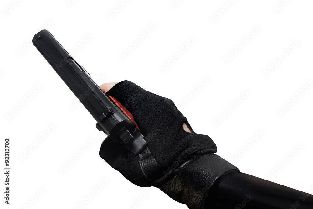 Hand holding a handgun upper part view. Isolated first person view hand ...