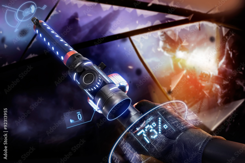 First person view hand in black leather gloves holding a futuristic ...