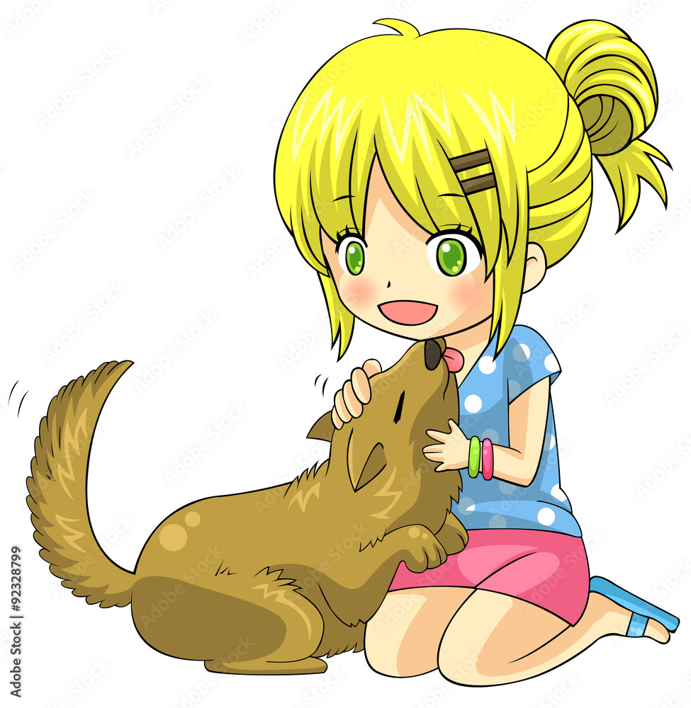 Cute cartoon girl is playing and cuddling with her tame pet dog in ...