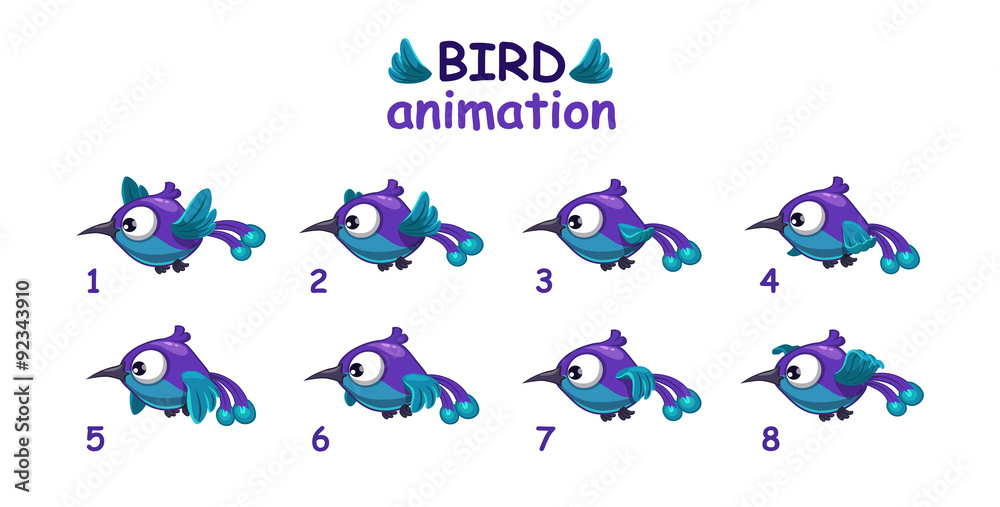 Funny blue cartoon bird flying sprites Stock Vector | Adobe Stock