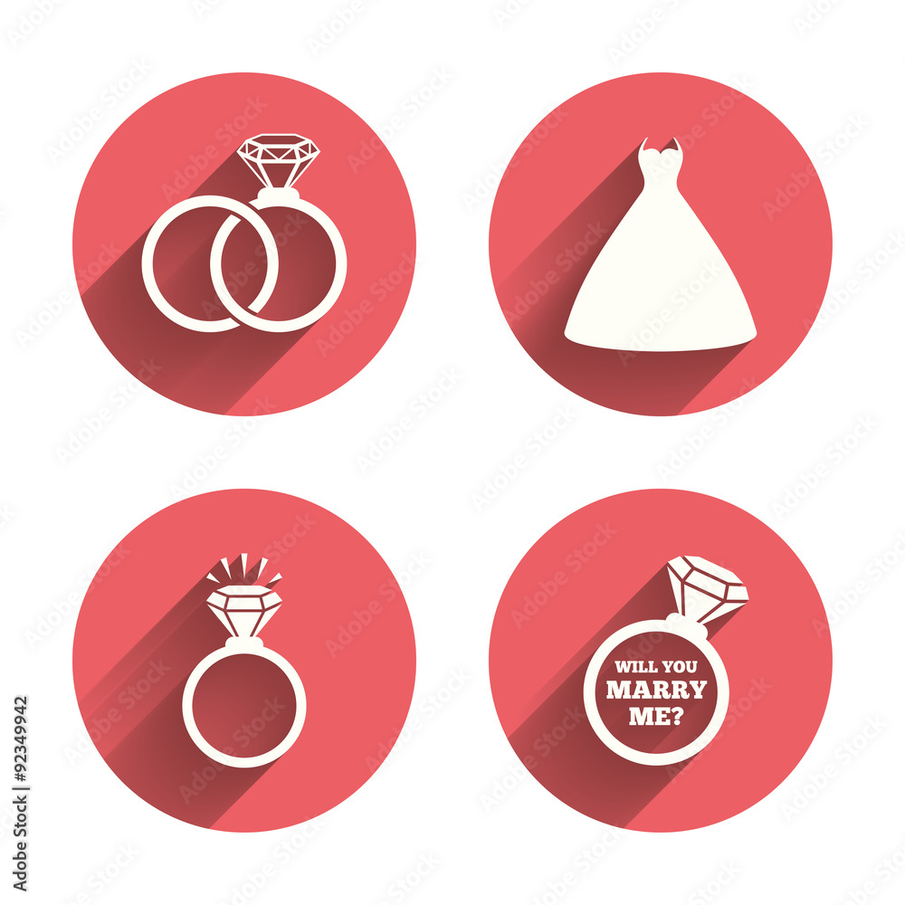 Wedding dress icon. Bride and groom rings symbol Stock Vector | Adobe Stock