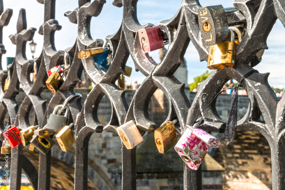 Love Locks on Fence with Charles Bridge on background, Prague, Bohemia ...