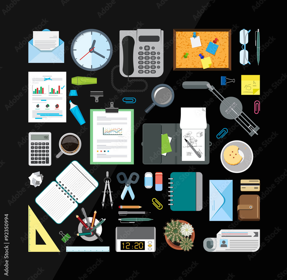 Set of office related items from top view. Collection of icons related ...
