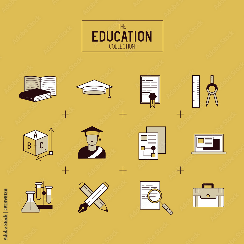 Education Vector Icon Set. A collection of gold study and research ...