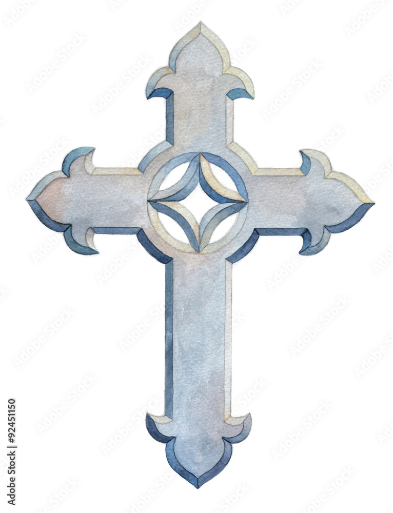 Cross symbol. Hand painted ornate watercolor cross, marbled stone ...