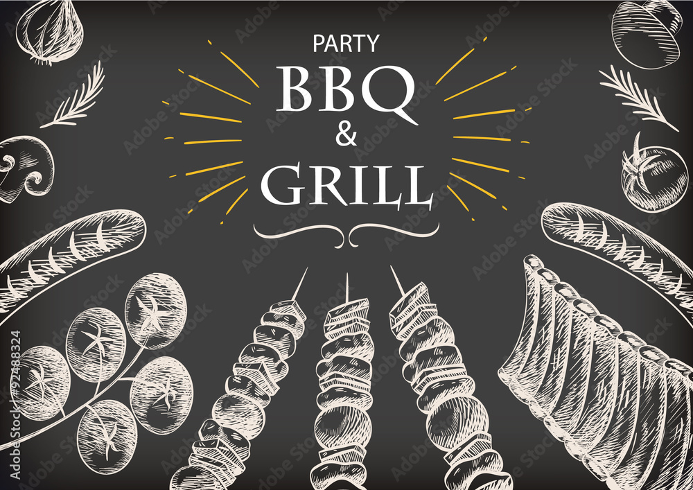 BBQ barbecue grill meat food; barbecue grilled vegetable and ...