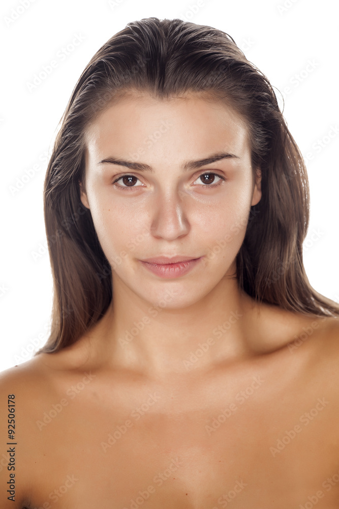 young beautiful woman without makeup on a white background Stock 写真 ...