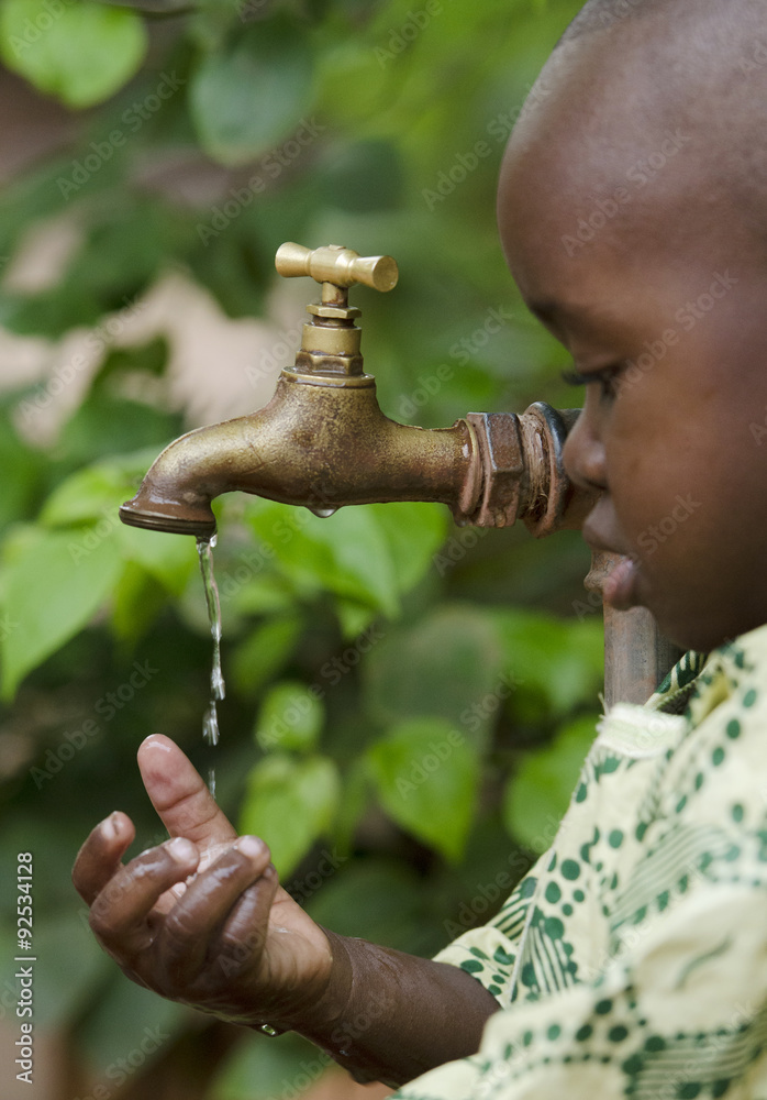 Water scarcity in the world symbol. African boy begging for water. In ...