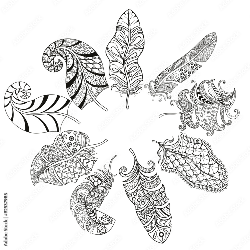 Zentangle stylized various feathers for coloring page. Hand draw Stock ...
