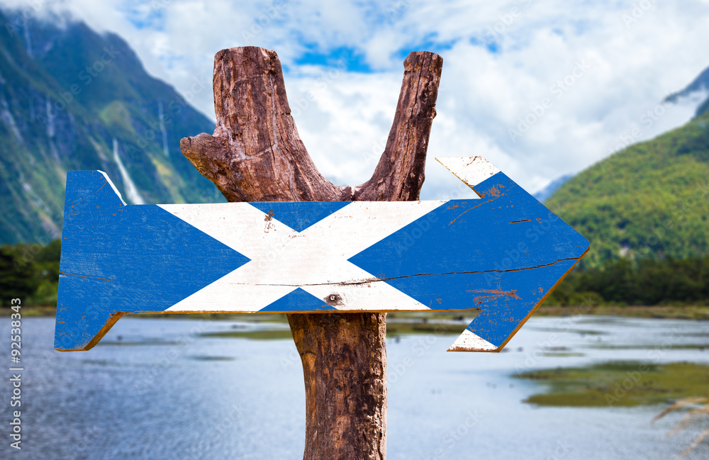 Scotland flag wooden sign with landscape background Stock Photo | Adobe ...