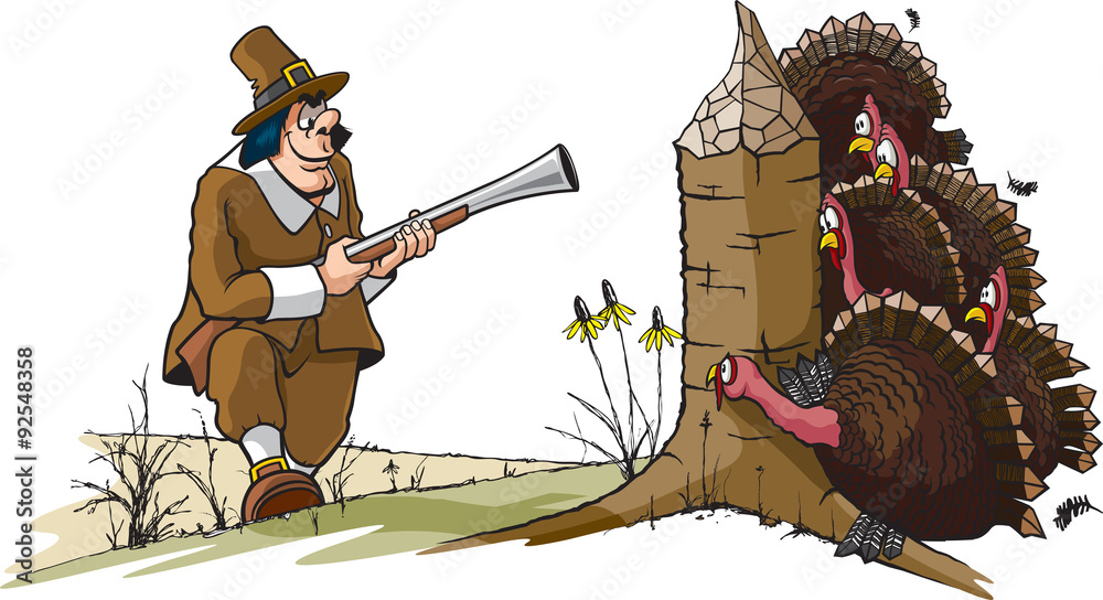 A cartoon of a Pilgrim hunting Turkeys. Layered vector and high ...