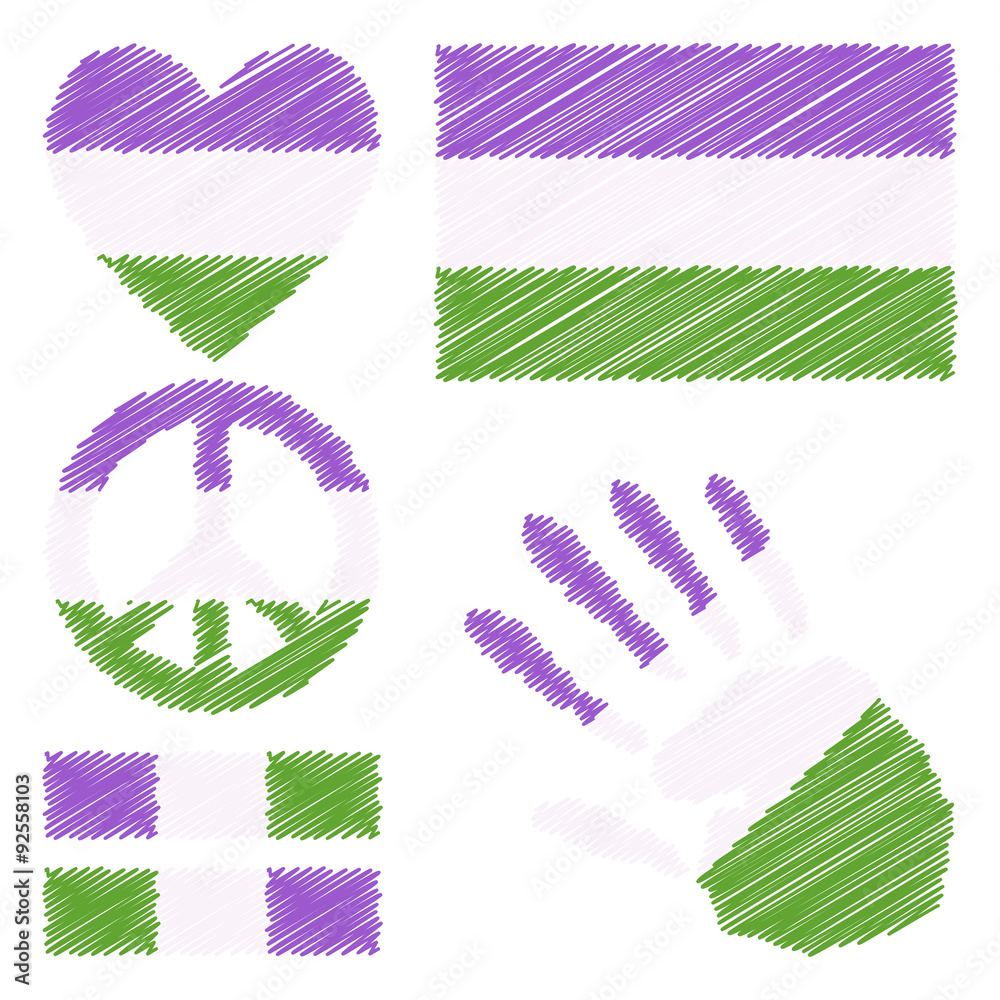 Genderqueer pride flag, heart, pacific sign, equality symbol and hand ...