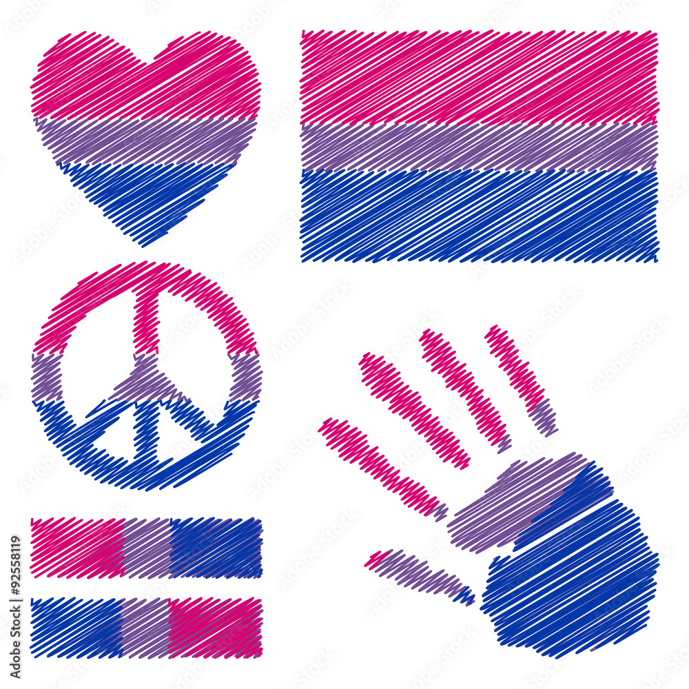 Bisexual pride flag, heart, pacific sign, equality symbol and hand ...
