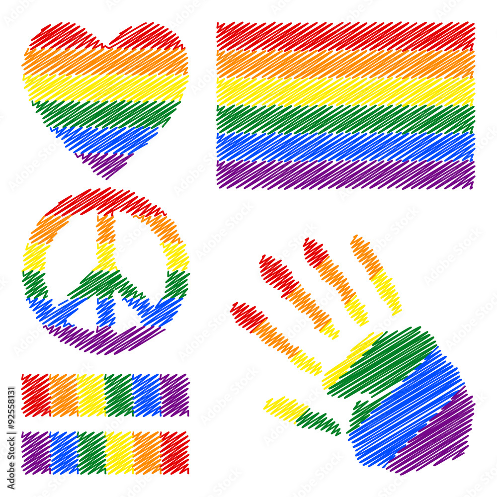 Six-color rainbow gay pride flag, heart, pacific sign, equality symbol ...