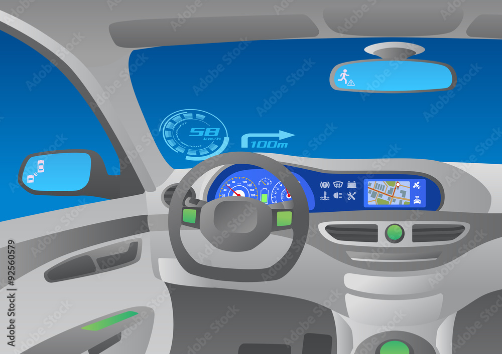Heads up display (HUD) and various displays in vehicle interior, vector ...