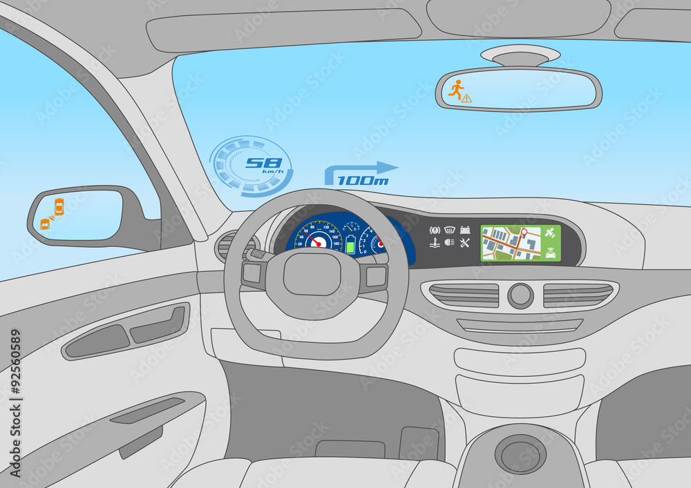 Heads up display (HUD) and various displays in vehicle interior, vector ...