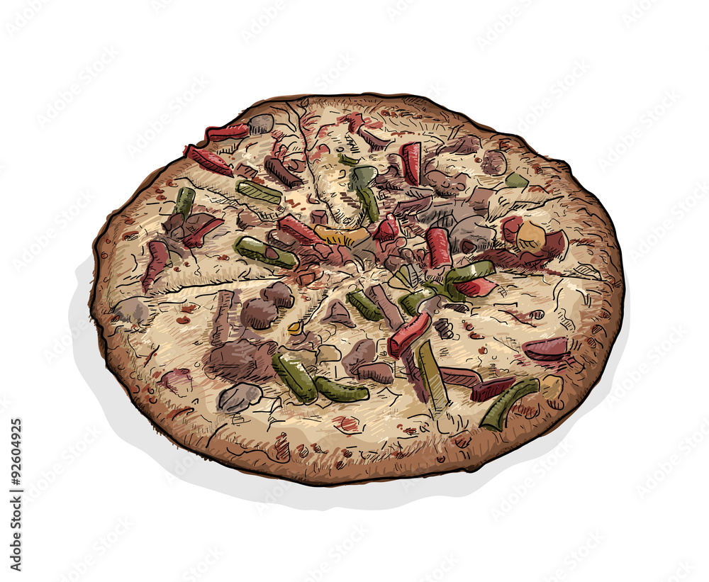 Pizza, a hand drawn vector illustration of a fully-detailed delicious ...