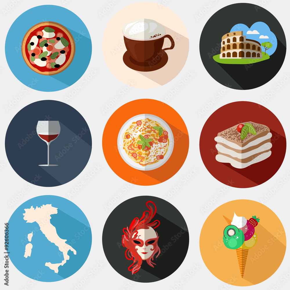 Collection of Italian icons in a flat style. Vector illustration. Icons ...
