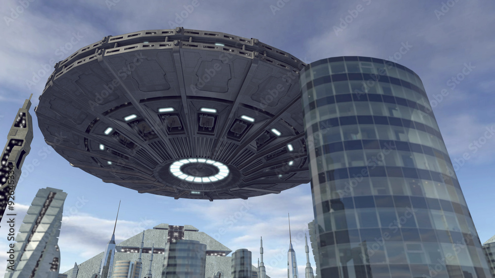 UFO flying above futuristic pyramid city Stock-Illustration | Adobe Stock
