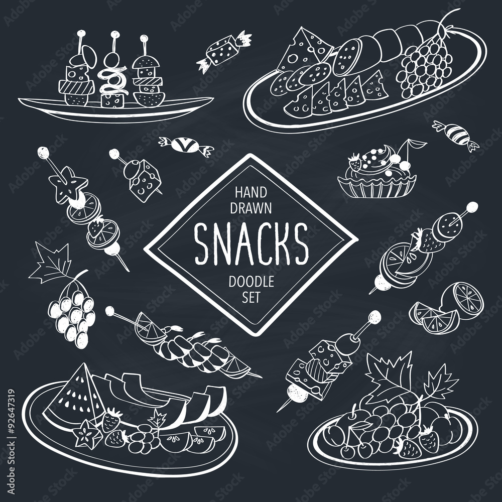 Buffet snacks doodle set. Hand drawn food icons on chalkboard. Doodle food and drinks collection ...