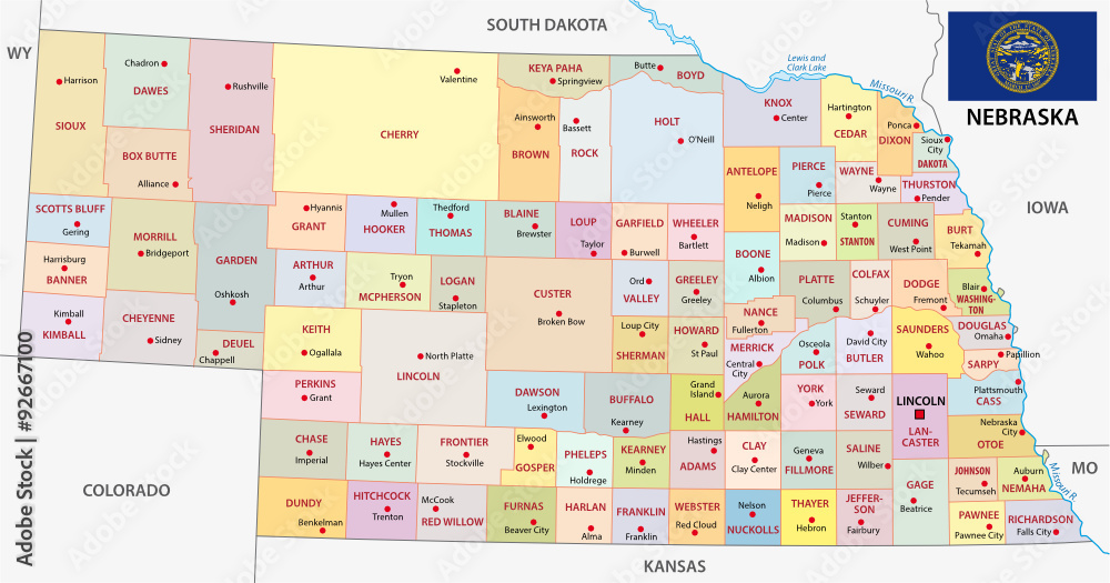 nebraska administrative map with flag Stock Vector | Adobe Stock