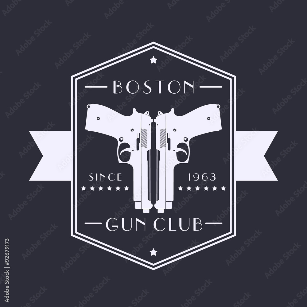 Gun club vintage emblem, logo with pistols, vector illustration Stock ...