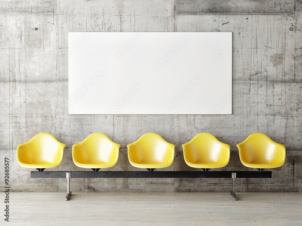 Waiting room with poster, five yellow chairs, 3d render Stock ...