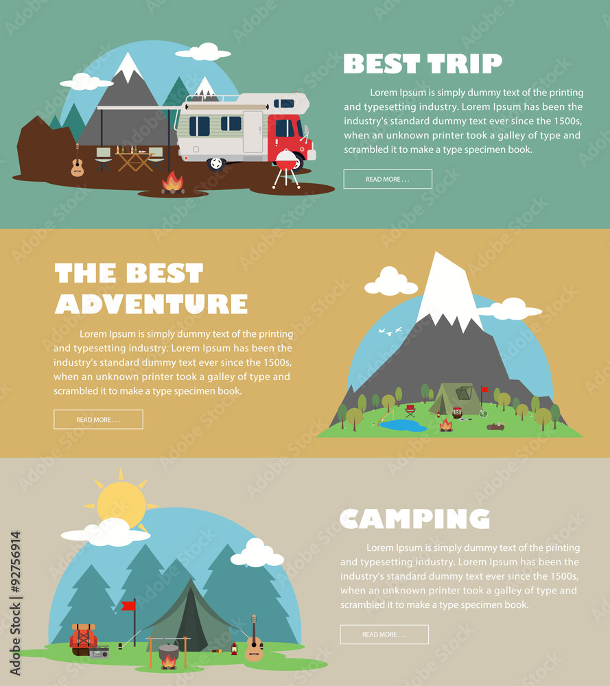 Camping landscape banner, background,flat set design Stock Vector ...