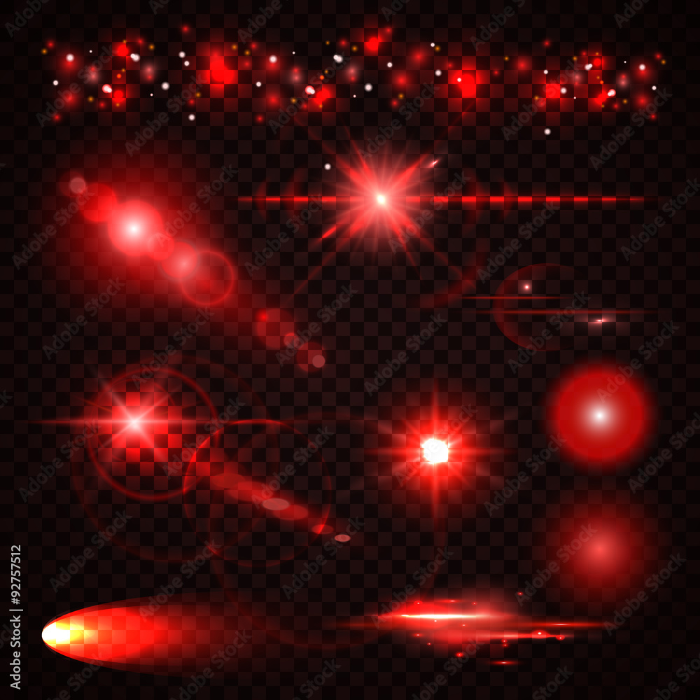 Set of red Light effects, spotlights, flash, stars and particles Stock ...