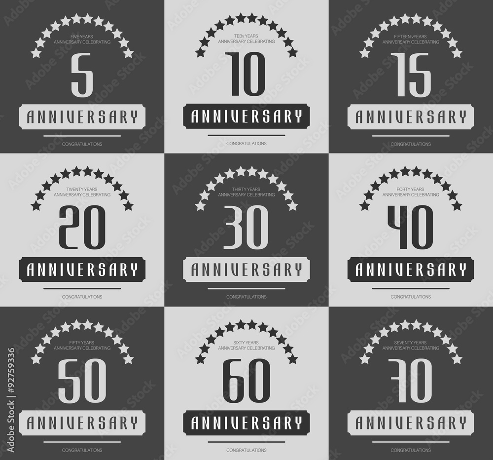 Vector set of anniversary signs, symbols. 5, 10, 15, 20, 30, 40, 50, 60 ...