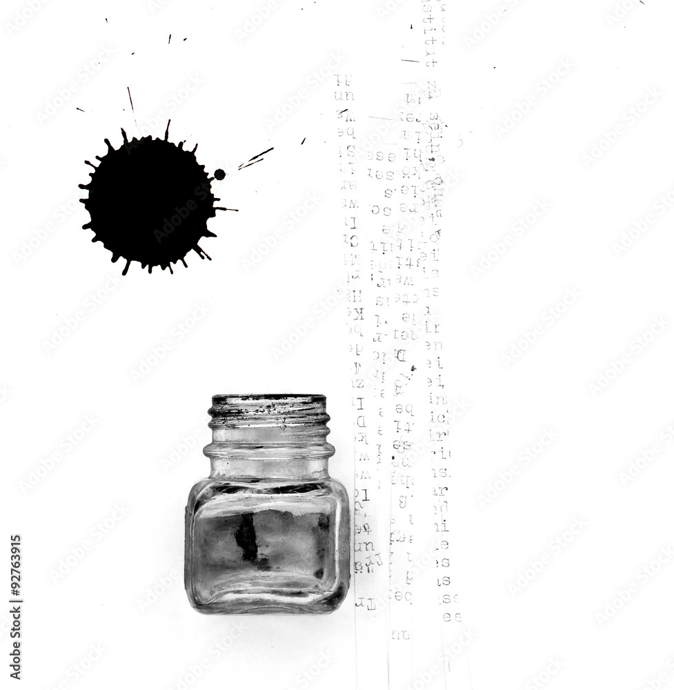 ink pot, letters and black inkblot above on white paper - studio Stock ...