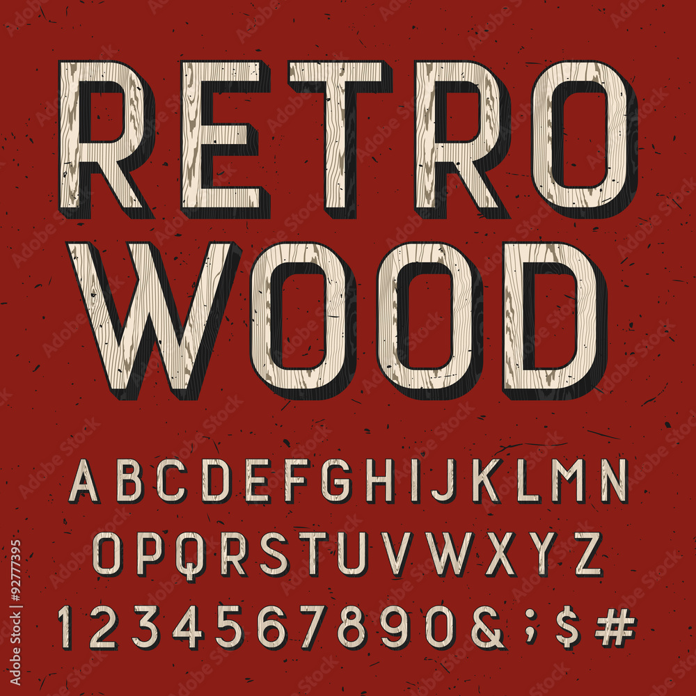 Wooden retro alphabet vector font. Sans serif type letters, numbers and ...
