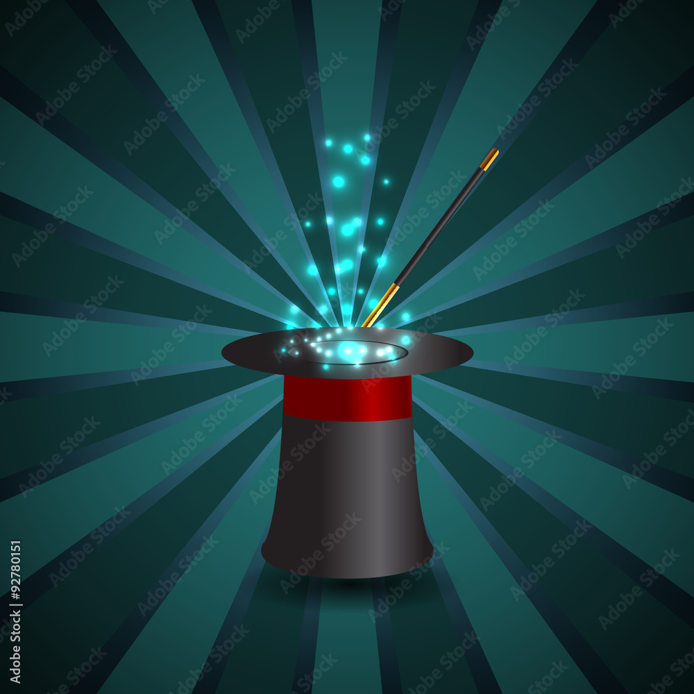 Magic show background with realistic magician hat stick and fire Stock ...