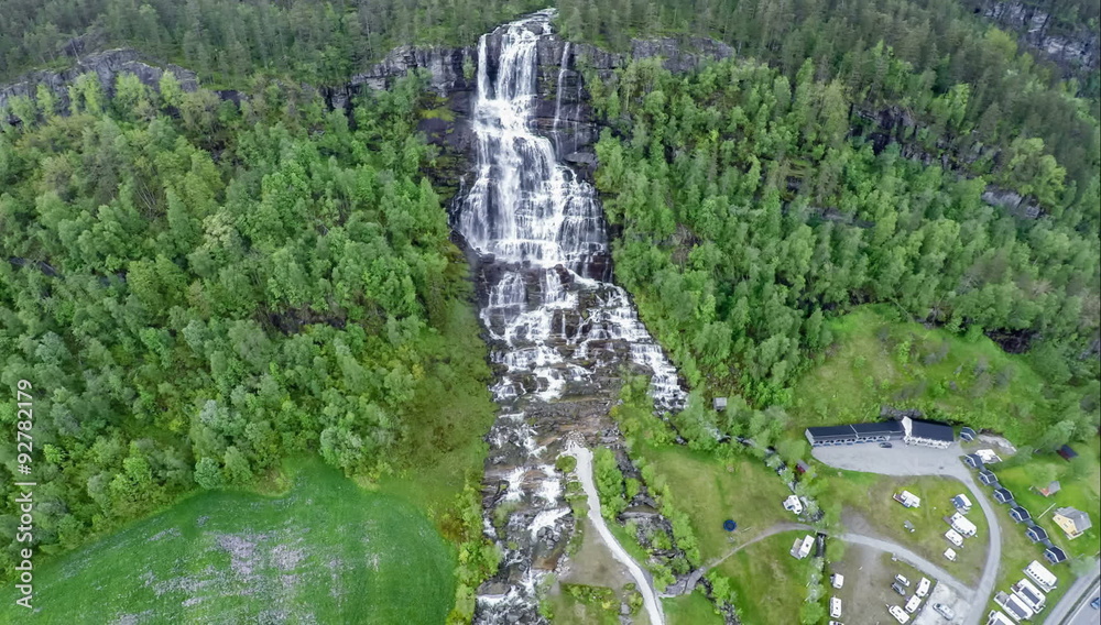 Aerial footage from Tvindefossen waterfall from the bird's-eye view ...