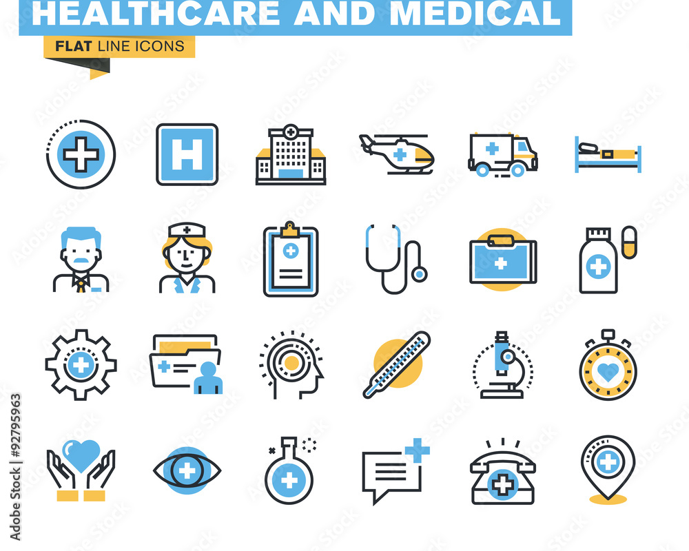 Flat line icons set of health care and medicine theme, medical services ...