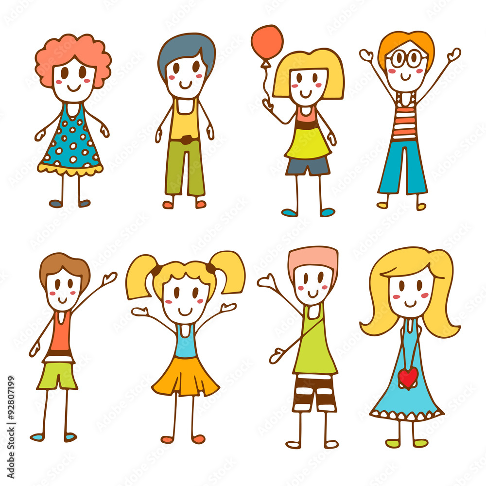 Hand drawn cute little kids. Collection of cartoon happy childre Stock ...