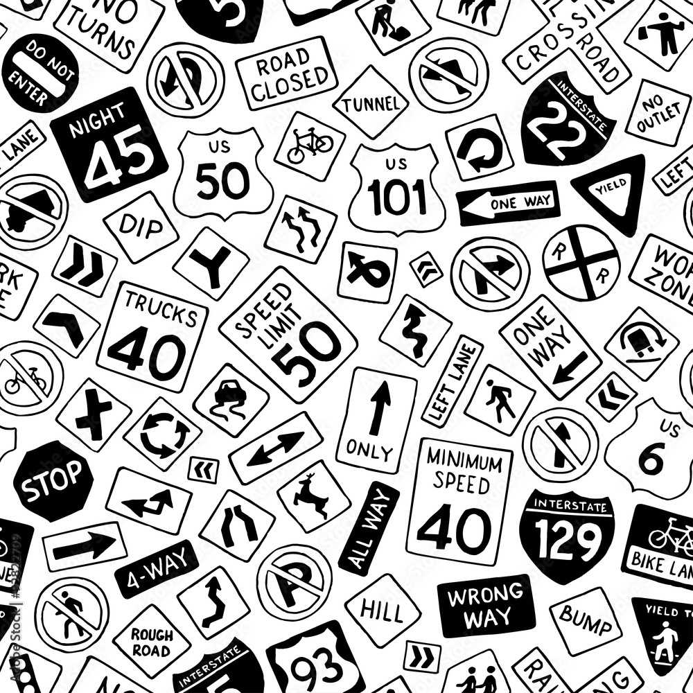 Seamless pattern of cartoon road signs in the United States. Stock ...