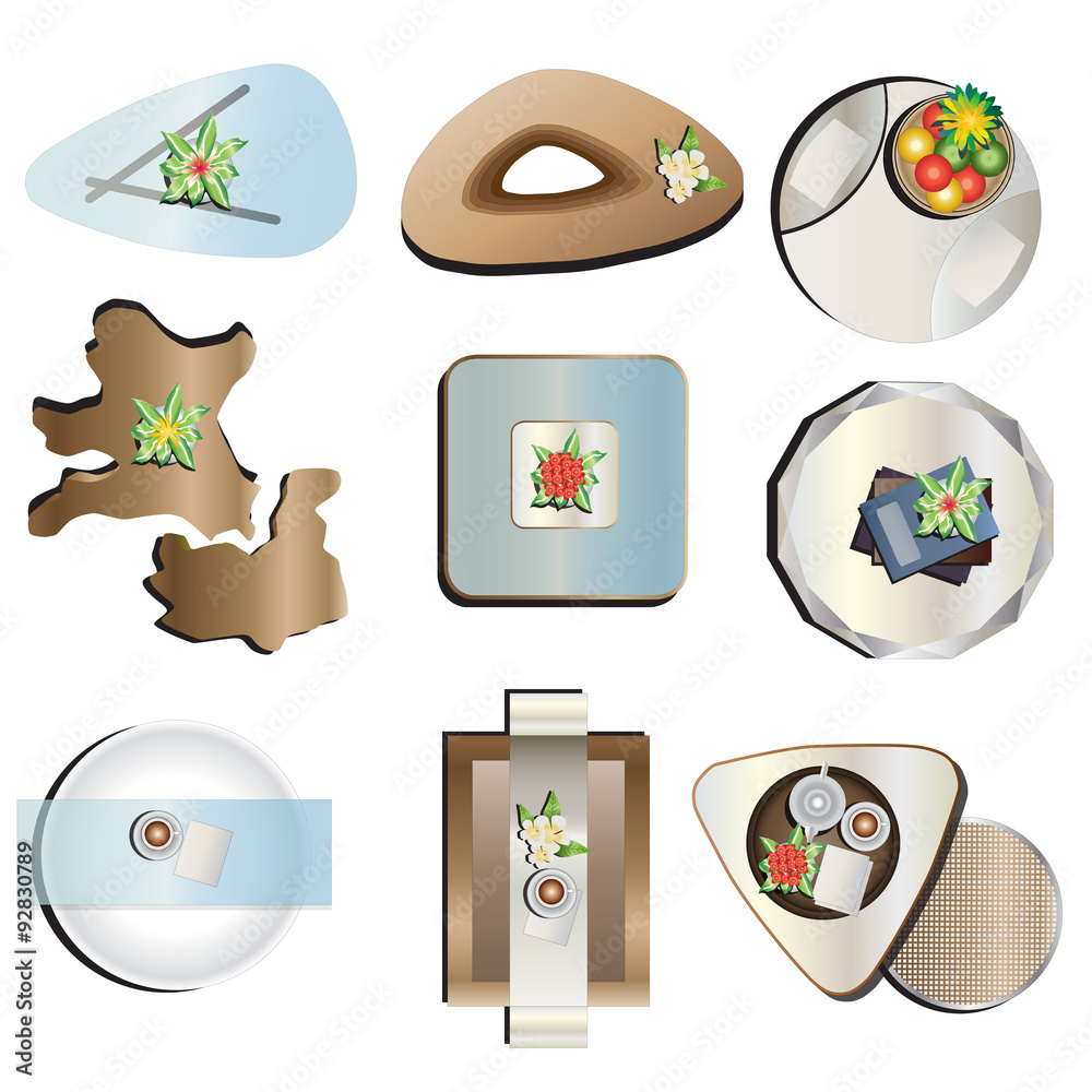 Coffee table top view set 1 for interior, vector illustration Stock ...