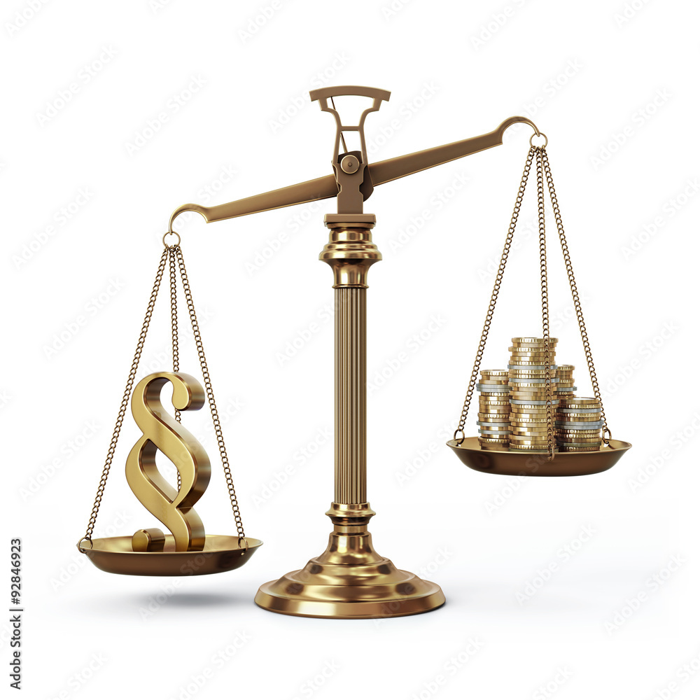 Brass scales with paragraph sign and coins - left down and right up ...