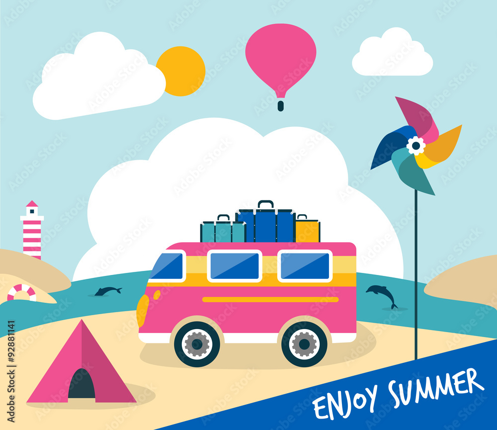 Summer holiday cartoon illustration. Retro travel bus concept. Vector ...