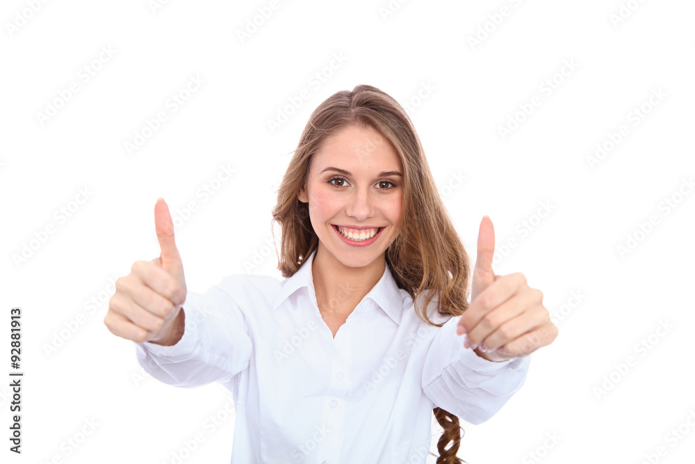 Beautiful happy smiling woman with thumbs up, isolated on white ...