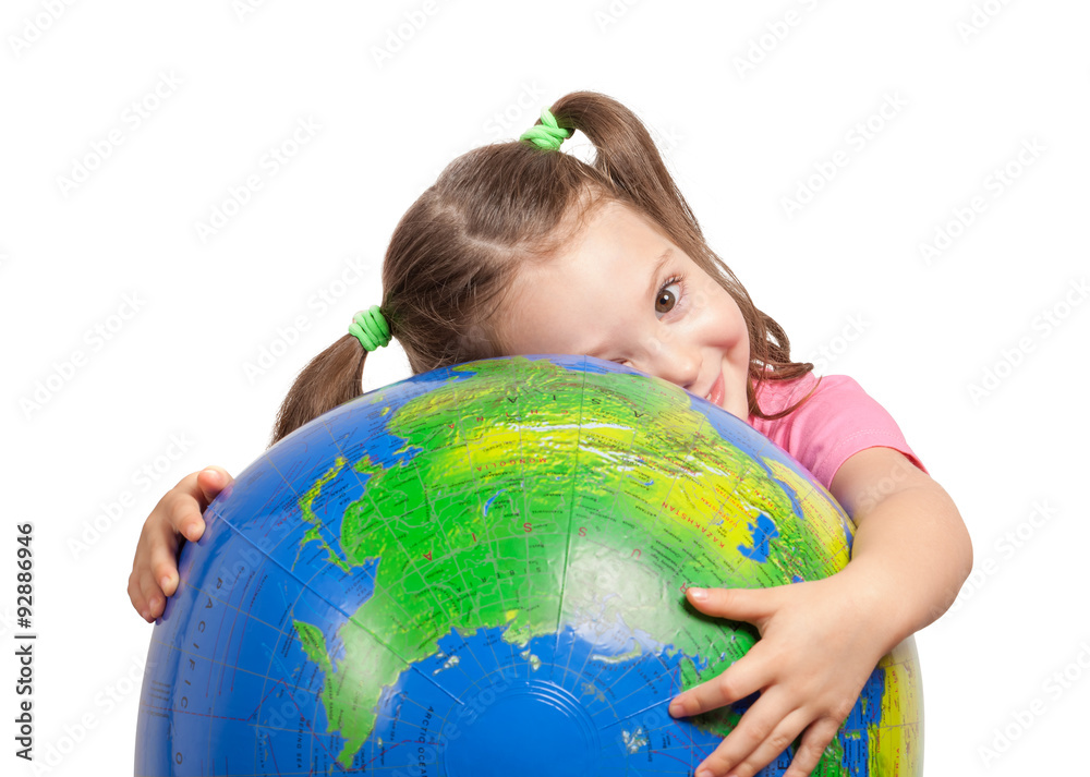 cute little girl hugging globe. save the earth concept. Stock Photo ...