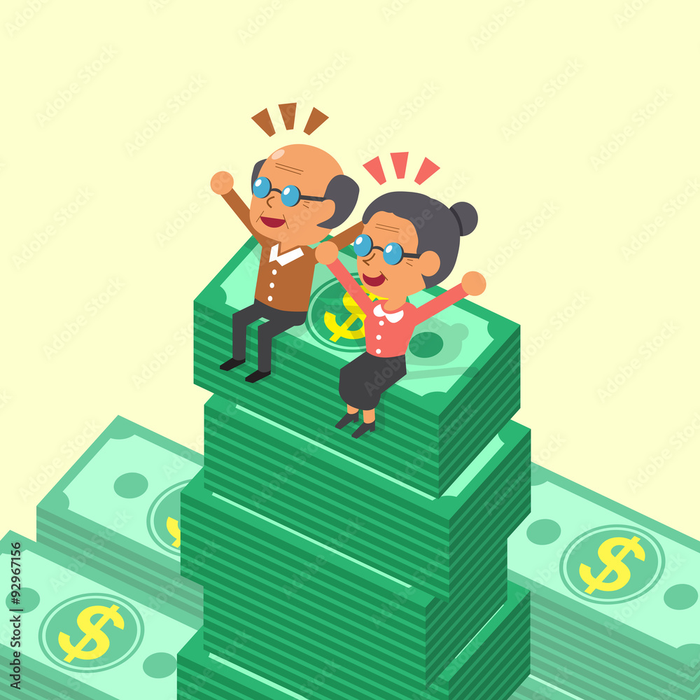 Cartoon old man and old woman sitting on money stacks Stock Vector ...