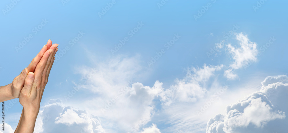 Thank you for this beautiful day - Female hands in prayer position on a ...