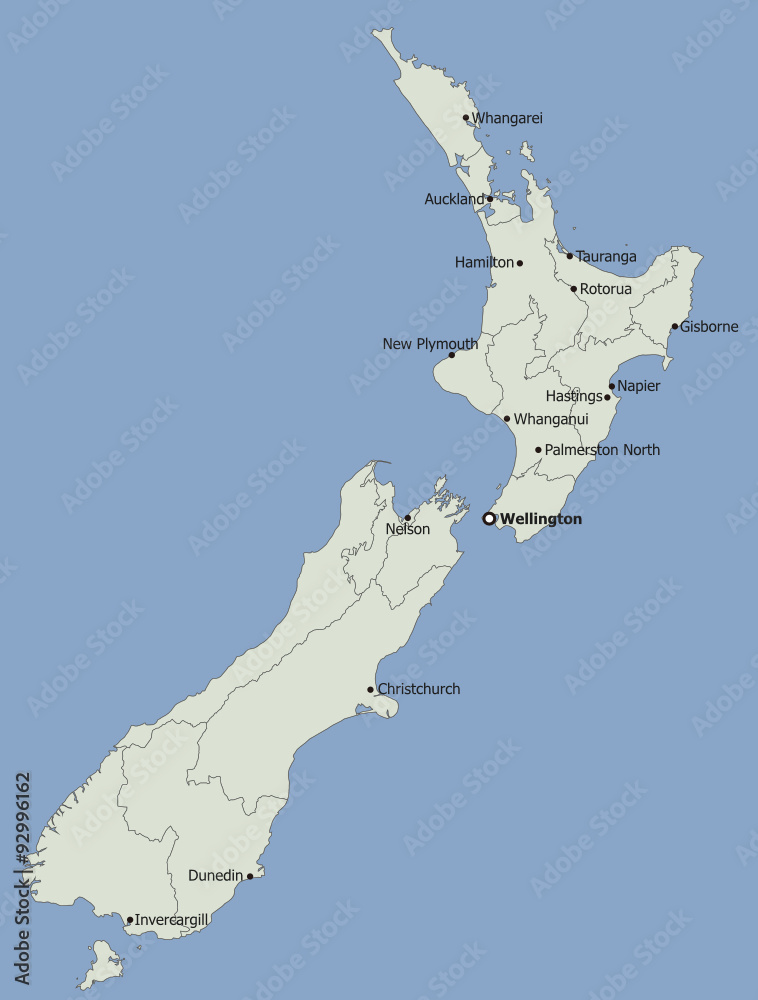 Highly detailed political New Zealand map, Main Cities Stock Vector ...