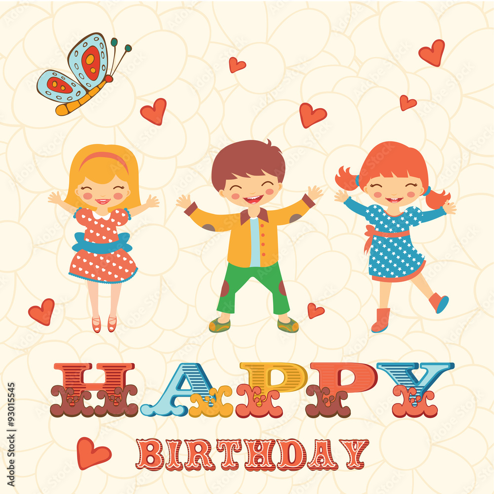 Stylish Happy birthday card with cute kids jumping Stock Vector | Adobe ...