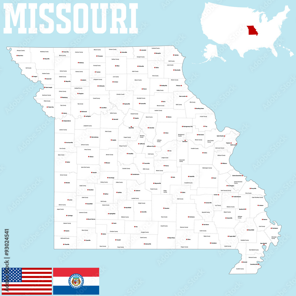 A large and detailed map of the State of Missouri with all counties and ...