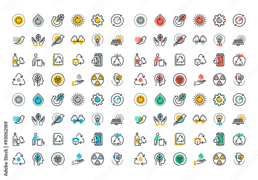 Flat line colorful icons collection of recycling, waste management ...