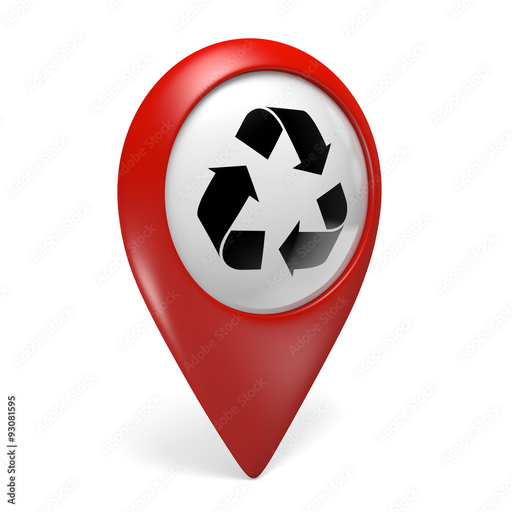 3D red map pointer icon with a recycling symbol for renewable waste ...